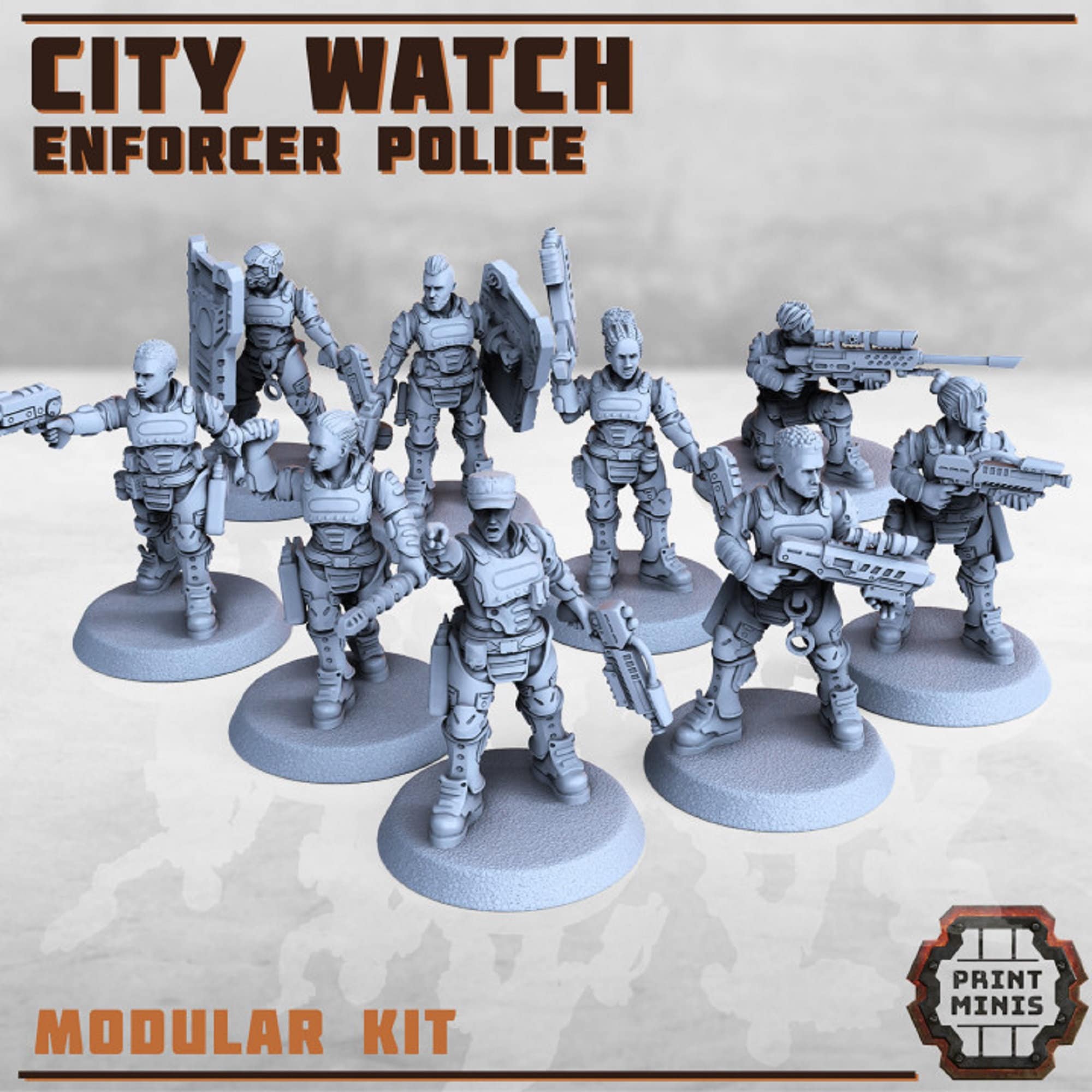9Pc Police Miniatures, Sci-Fi, Light Infantry, Cyberpunk miniatures, R ...